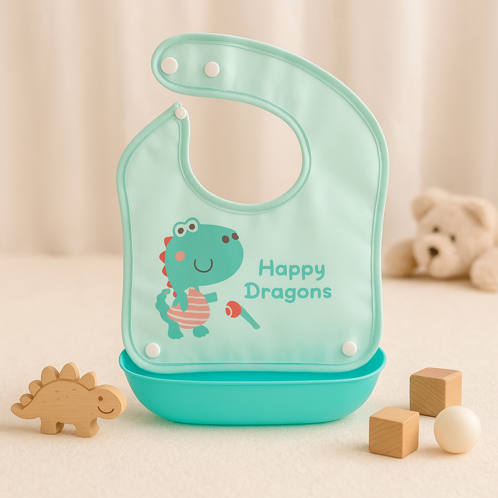 See Details Baby Bib with Detachable Silicone Pocket Happy D – Baby Planet