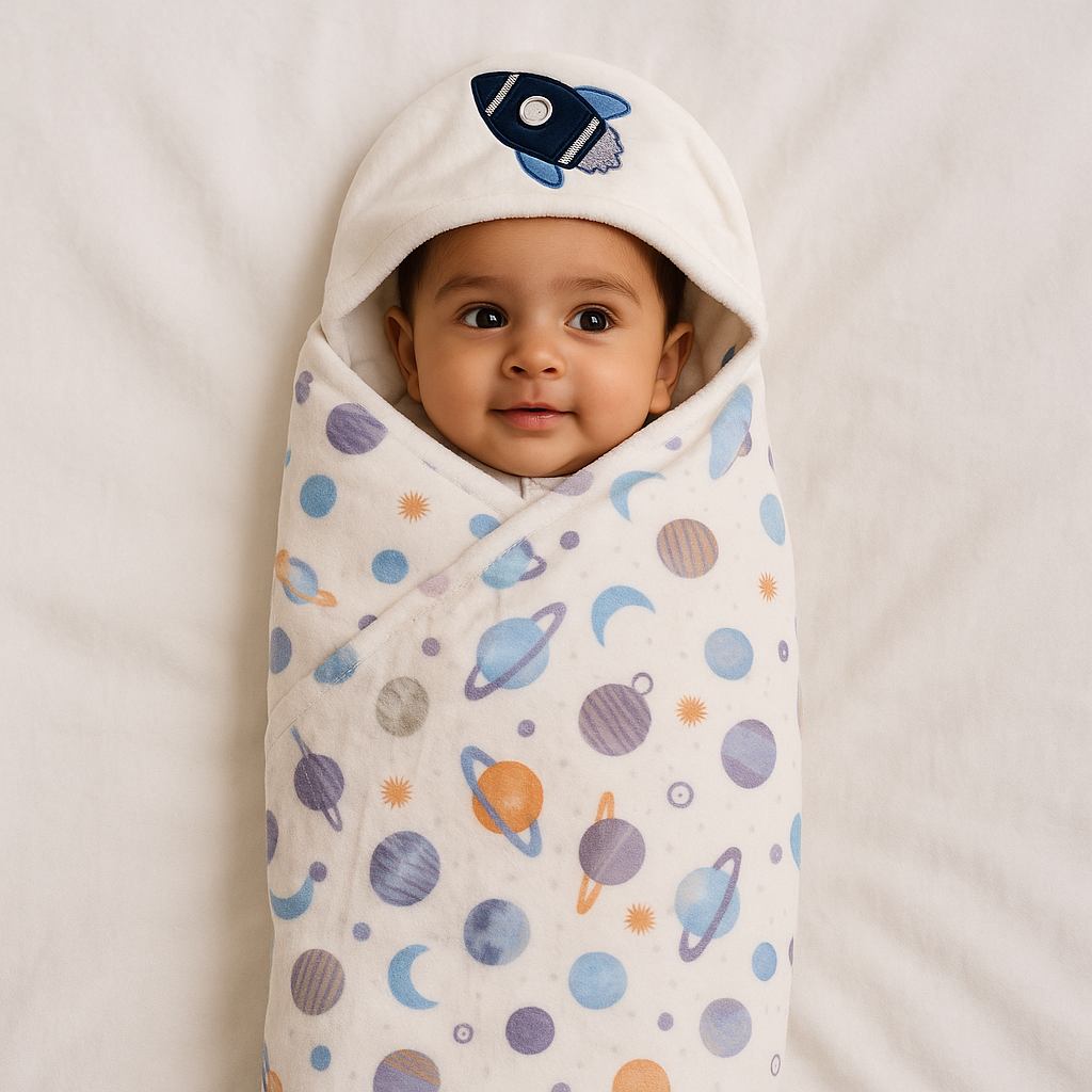 Baby Hooded Blanket Rocket White & Blue - Sunshine – Baby Planet